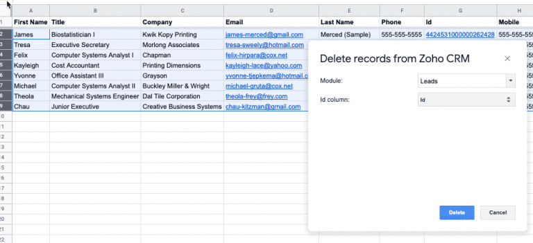 Deleting Records from Zoho CRM using G-Connector - Xappex